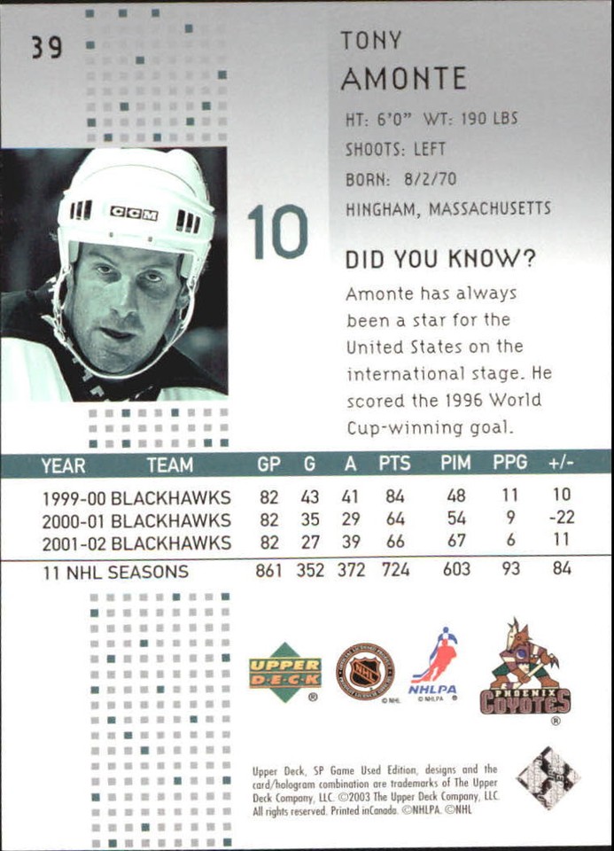 2002-03 SP Game Used #39 Tony Amonte | eBay