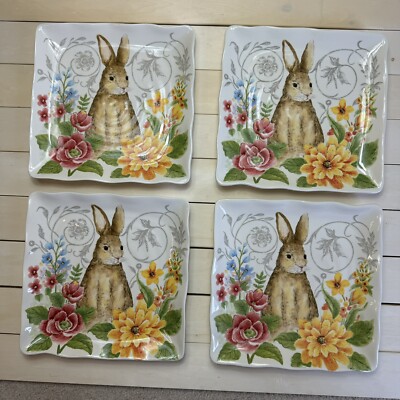 Maxcera Easter Bunny & Spring Flowers 11" X 11” Porcelain 4 Dinner ...
