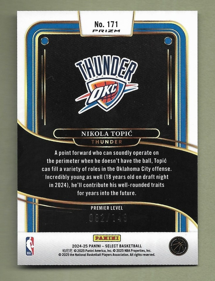 NIKOLA TOPIC 2024-25 PANINI SELECT WHITE SP ROOKIE RC CARD #'D /149 NBA ...