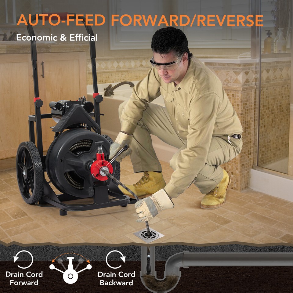 100' x 1/2" Drain Cleaner Electric Sewer Snake Cleaning Machine Auto ...