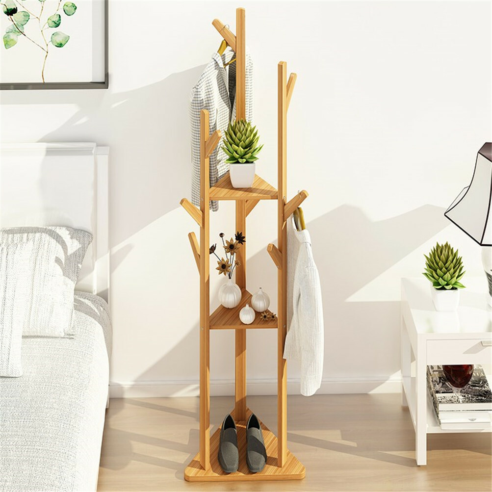 Large Bamboo Wood Clothes Tree Coat Hat Rack Corner Stand w 3 Tier ...