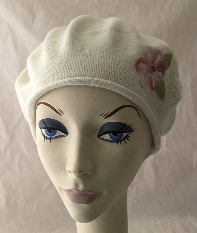 NWT! LEMON Cotton Knit 10 Inch BERET Hat IVORY w Flower ~ ALL SEASON ...