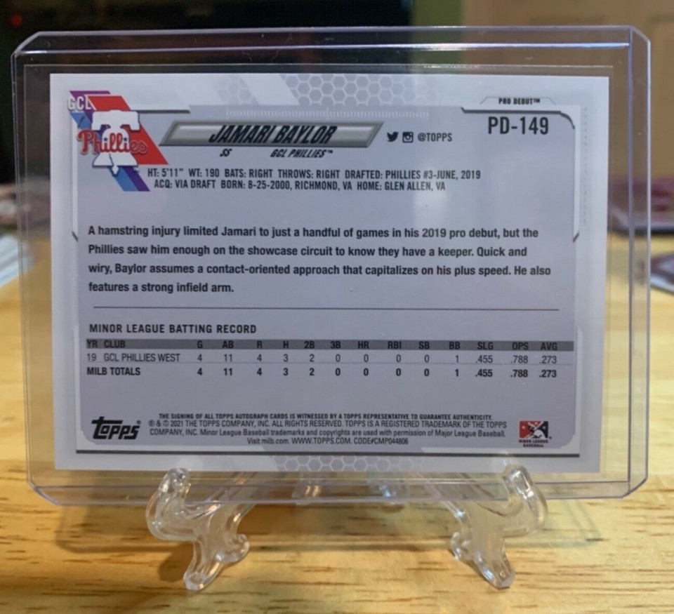 2021 Topps Pro Debut Jamari Baylor autograph #PD-149 Philadelphia ...