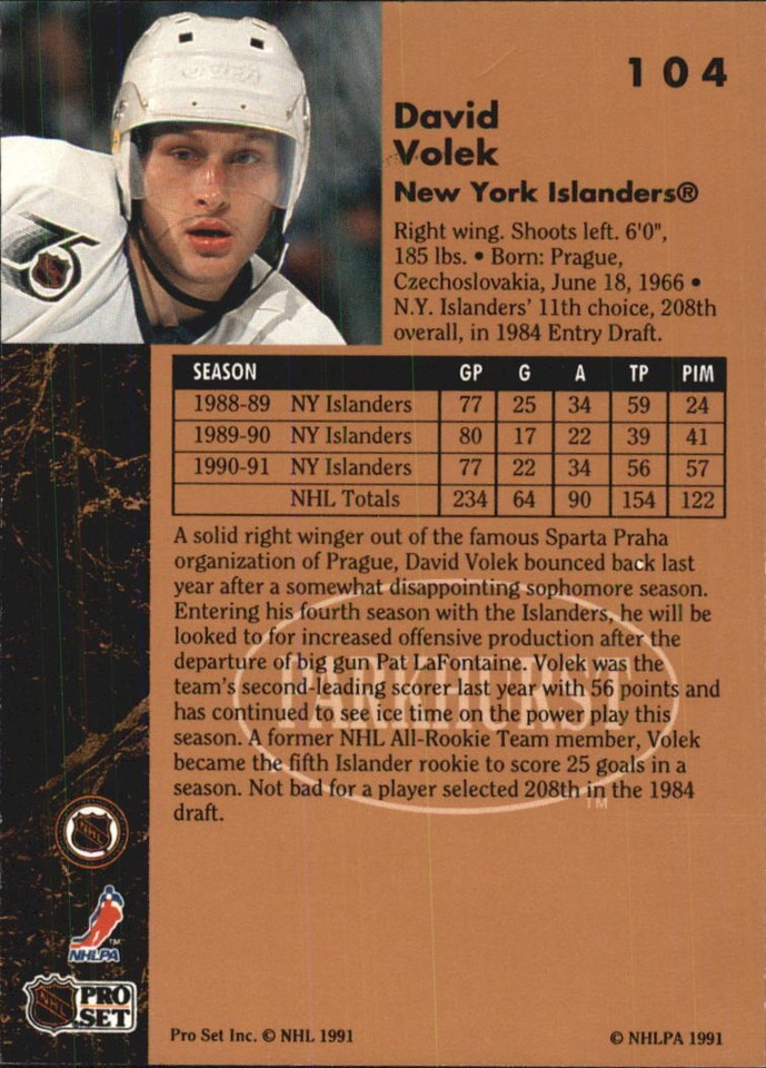 1991-92 Parkhurst Islanders Hockey Card #104 David Volek | eBay