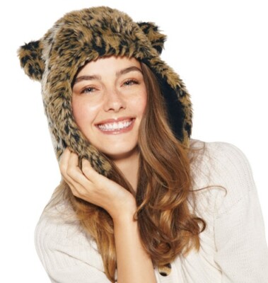 PLUSH ANIMAL HAT BEAR or CAT soft warm earmuff cap head novelty costume ...
