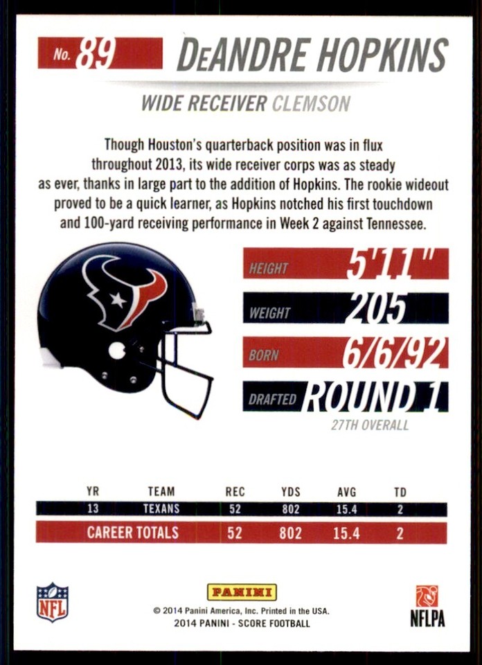 2014 Panini Score DeAndre Hopkins Houston Texans #89 NFL Football Card ...