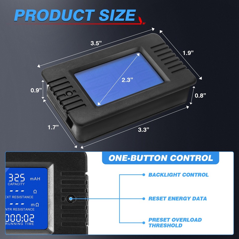 12v DC Battery Monitor Voltage Current Meter LCD Display with 100A ...