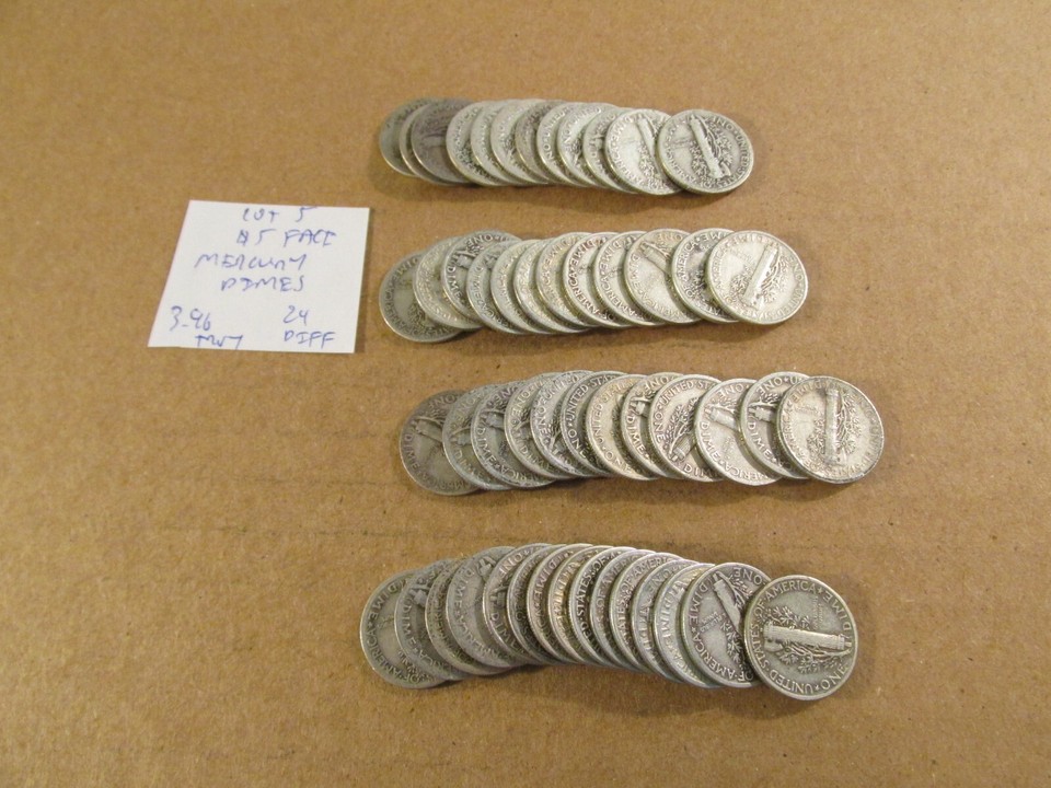 $5 face~Mercury Dimes~1916-s to 1945-d~Stack!~90% Silver~3.96 tr ...