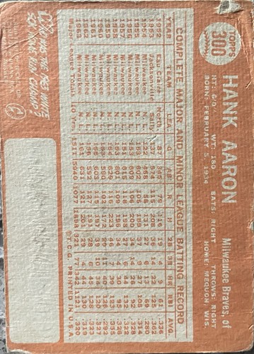 1964 TOPPS 300 BRAVES HOF LEGEND OUTFIELDER HANK AARON FAIR CONDITION ...