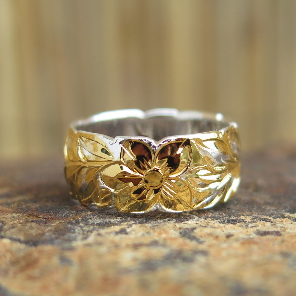 Hawaiian Jewelry Silver Gold Plated Maile Leaves Wedding Ring Band 8mm ...