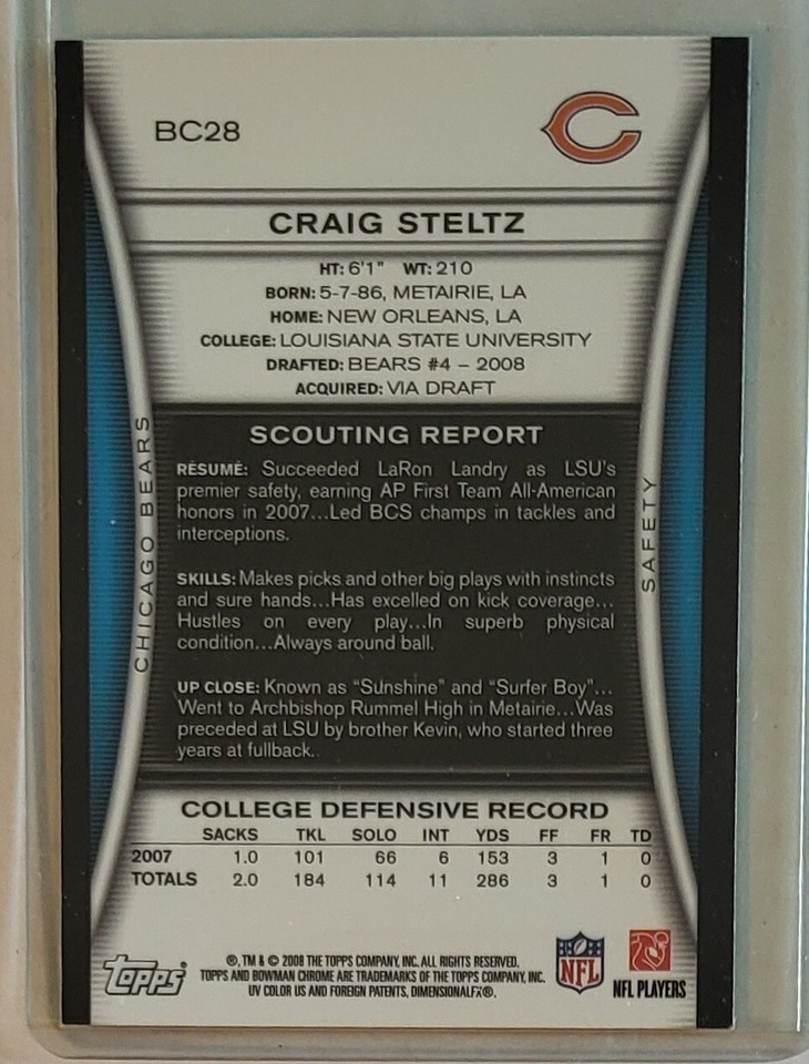 2008 Bowman Chrome Rookie #BC28 Craig Steltz Chicago Bears Football ...
