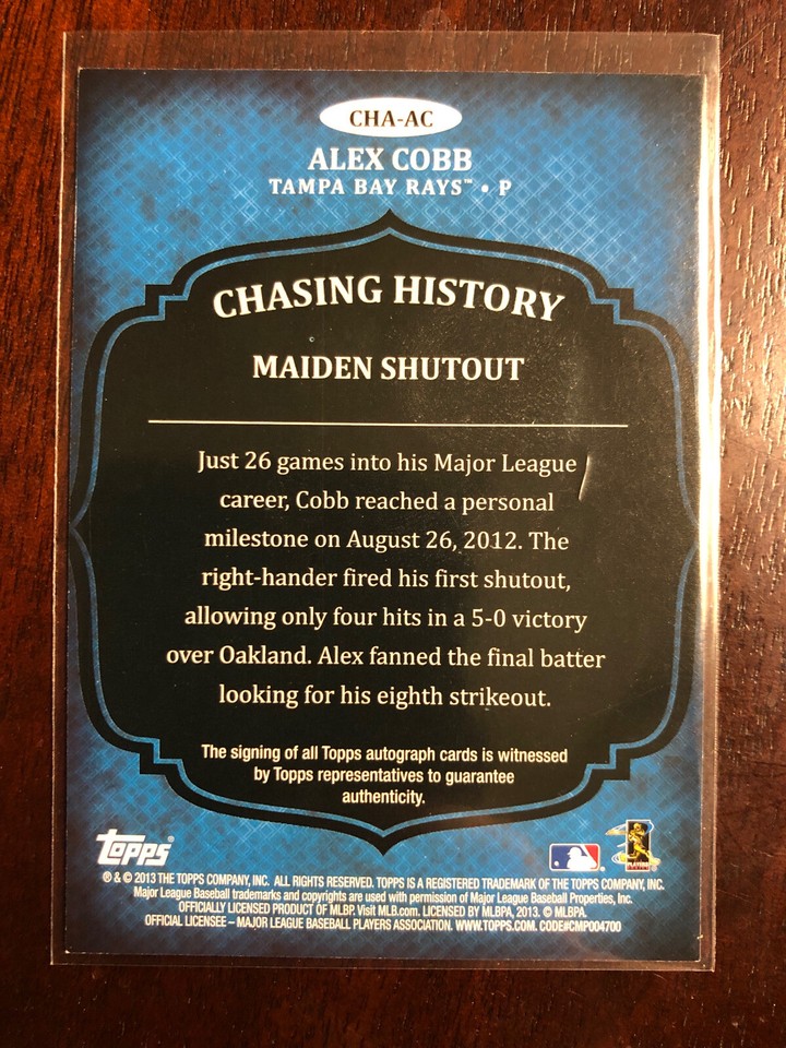 ALEX COBB 2013 Topps Chasing History Autograph Auto #CHA-AC Tampa Bay ...