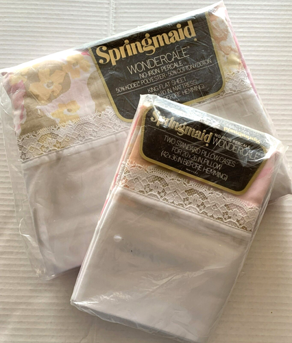 Vtg Springmaid King Flat Sheet + Pillowcases NIP Pink Floral Illusions ...