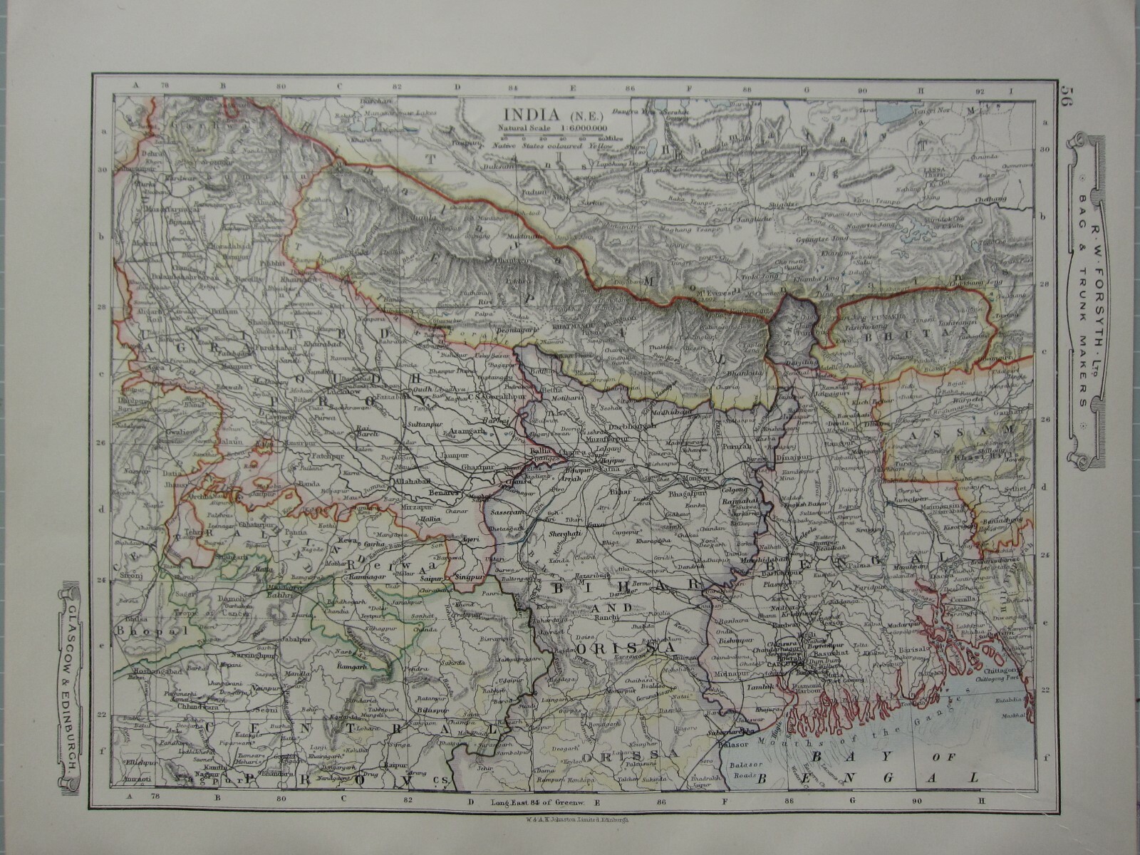 1919 MAP ~ INDIA NORTH EAST BIKAR ORISSA OUDH BHUTAN ASSAM NEPAL ...
