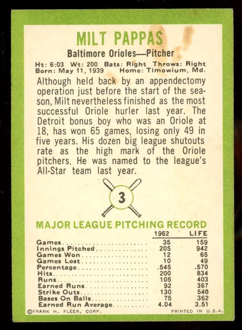 1963 Fleer #3 Milt Pappas EX Orioles 70636 | eBay