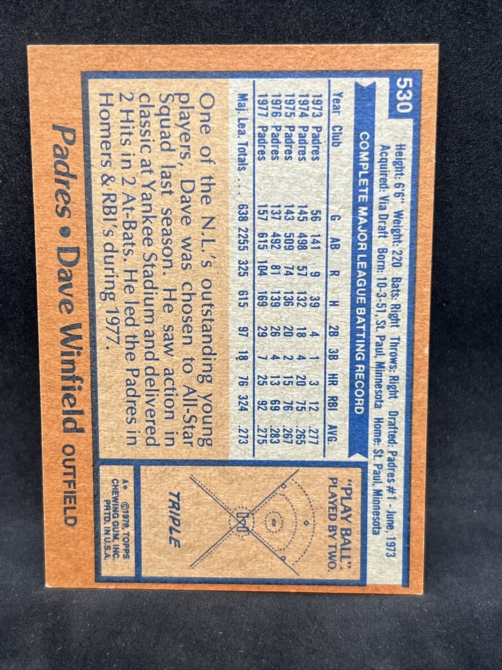 1978 Topps Baseball #530 Dave Winfield - San Diego Padres NM Great ...