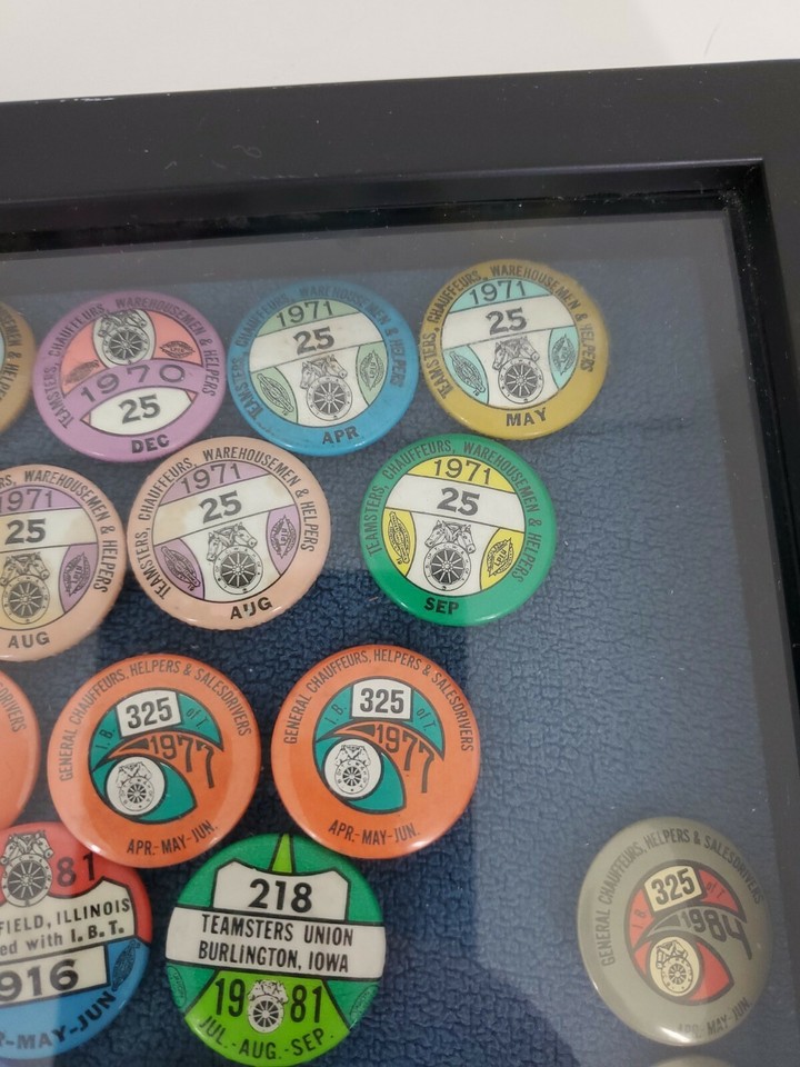 framed display lot 55 vintage 1970s 80s TEAMSTERS PINS Union IBT metal ...