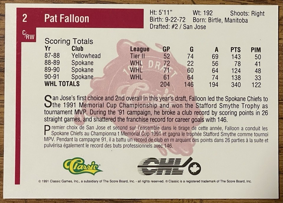Pat Falloon 1991 Classic Draft Picks Rookie Card #2 Sharks RC Free Ship ...