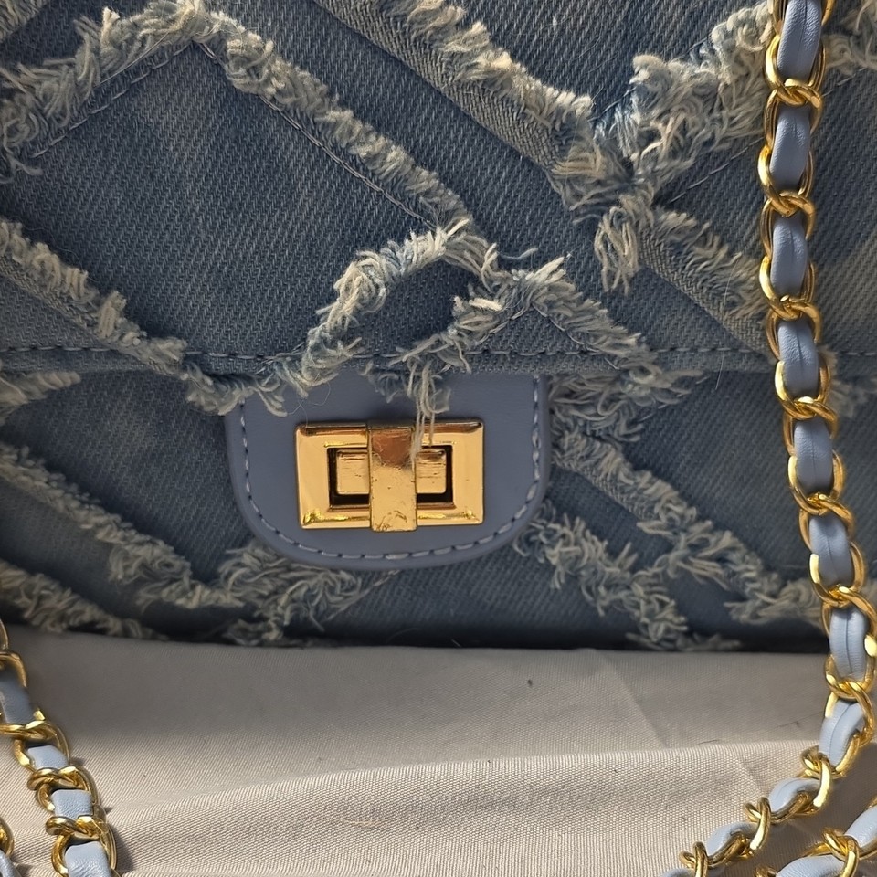 Light Blue Distressed Denim Shoulder Bag with Chain Strap and Gold ...
