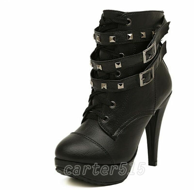 Womens New Punk Studded High Heels Platform Lace up Ankle Boots Shoes ...