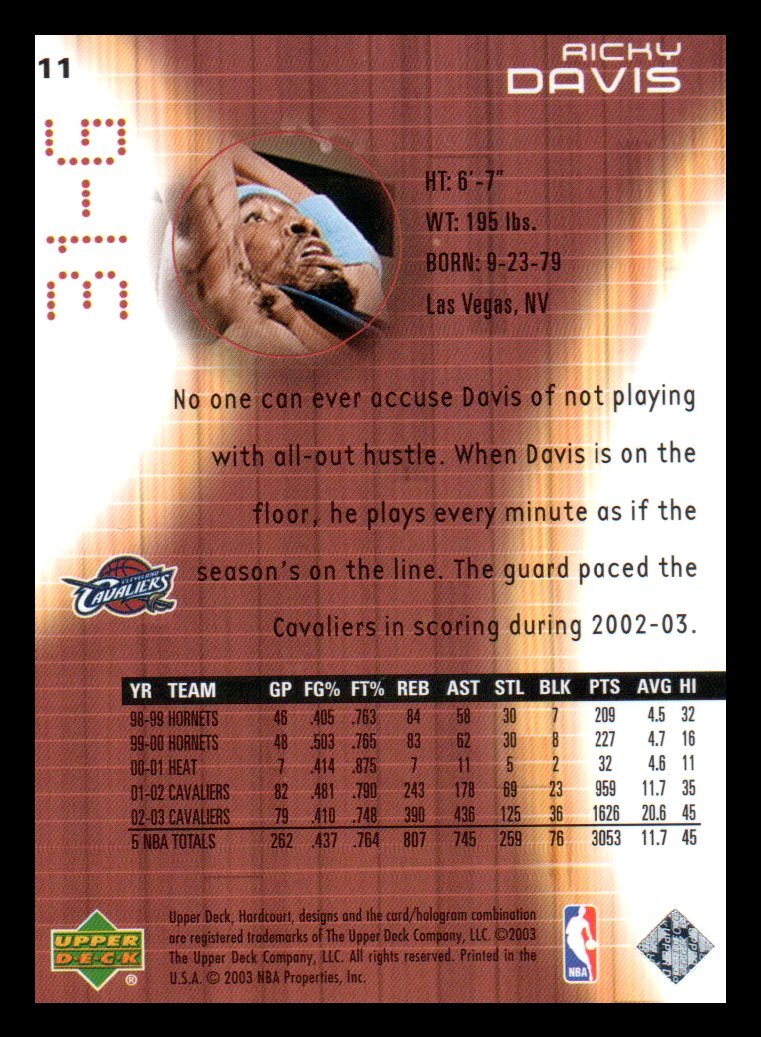 2003-04 Upper Deck Hardcourt #11 Ricky Davis NBA Basketball Cleveland ...