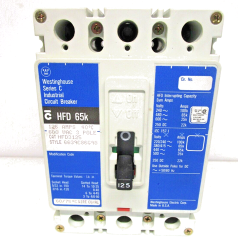 WESTINGHOUSE HFD3125 125 AMP CIRCUIT BREAKER 3 POLE 3 PHASE UL LISTED ...
