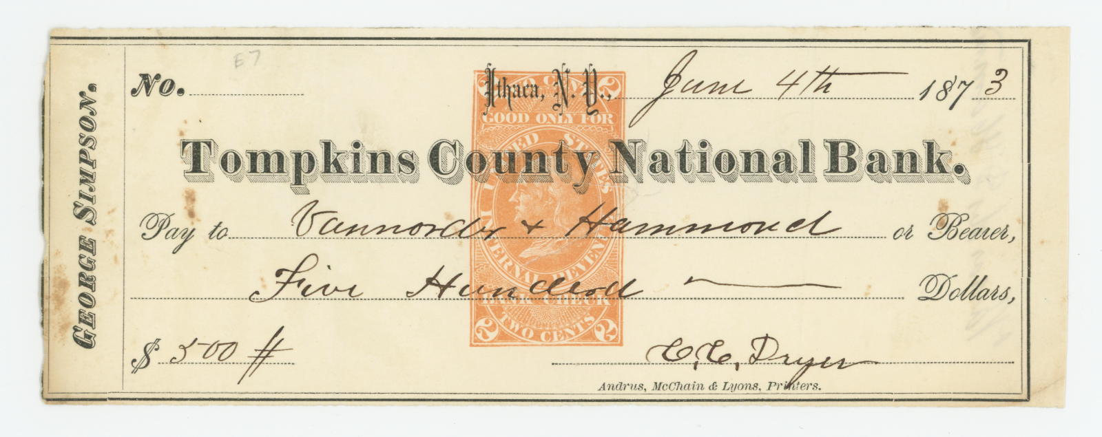 RN-E7 Tompkins County National Bank check, Ithaca NY, 1873 | eBay