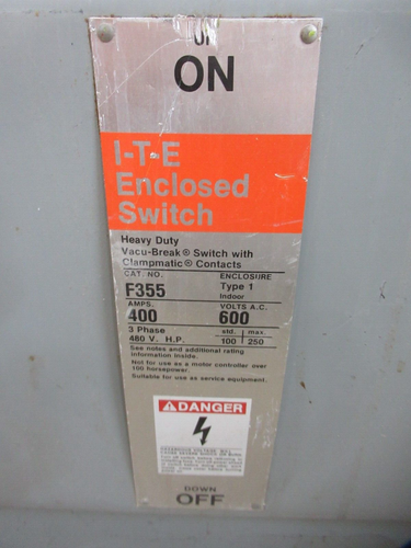 ITE F355, 400 Amp, 600 Volt, 3PH 3W, Nema 1, Fusible Disconnect | eBay