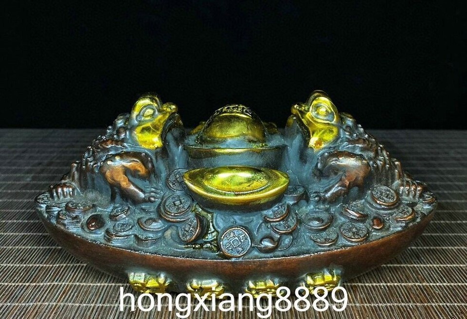 8.2" Chinese Bronze Gilt Fengshui Yuanbao Money Wealth Animal Gold Toad ...