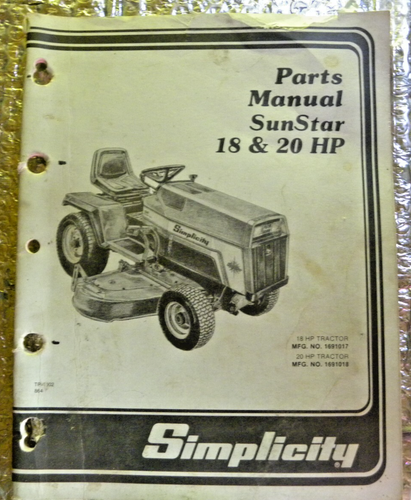 1986 Simplicity Parts Manual SunSTAR 18 &20 HP Riding Mower Tractor | eBay