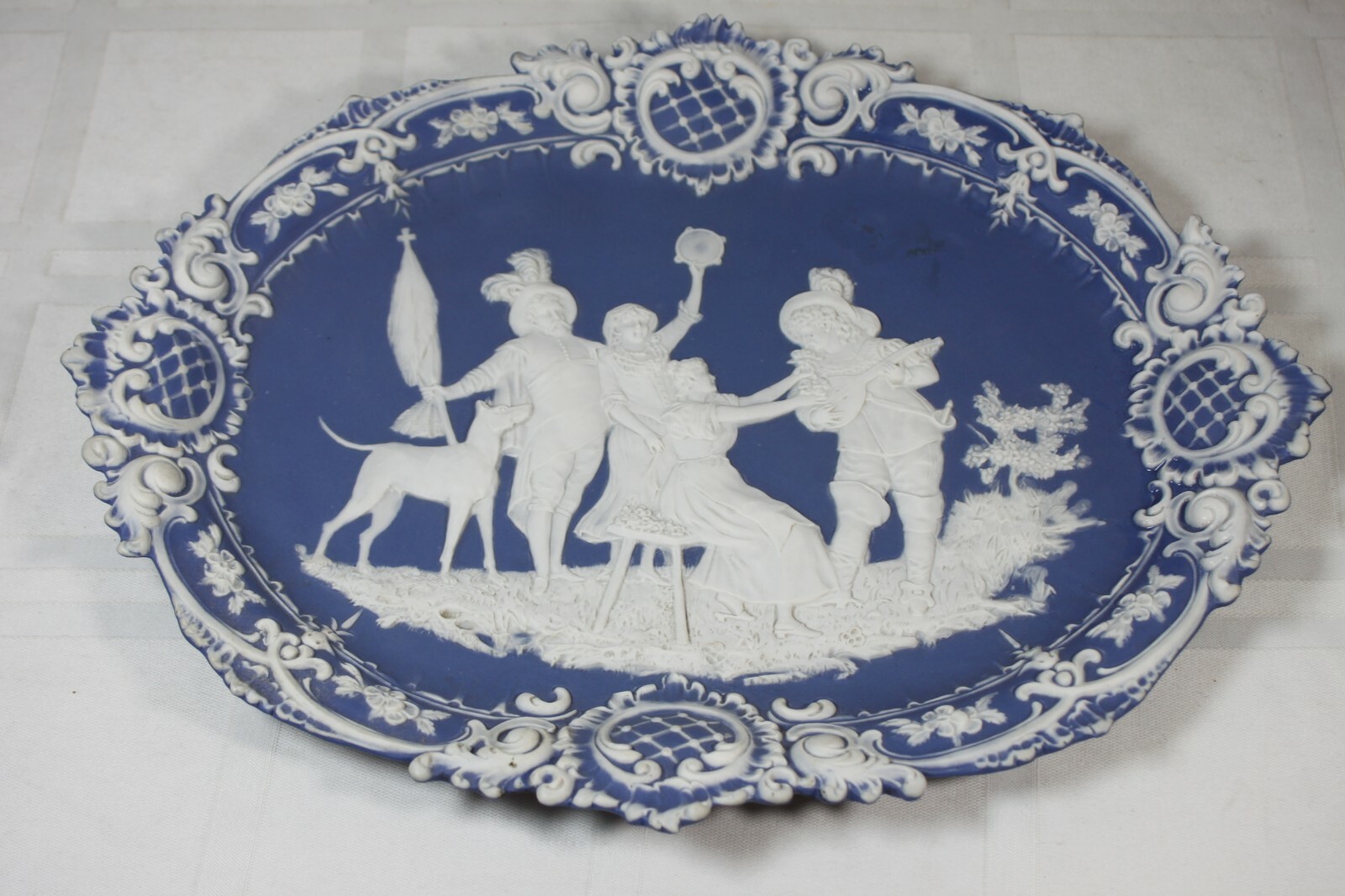 German Jasperware Blue Cameo Plaque Large Oval 13" Musician Ornate Rim ...