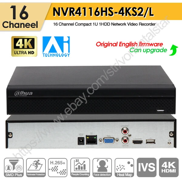 Dahua NVR 16CH 4K NVR4116HS-4KS2/L ONVIF RTSP P2P Face, 56% OFF