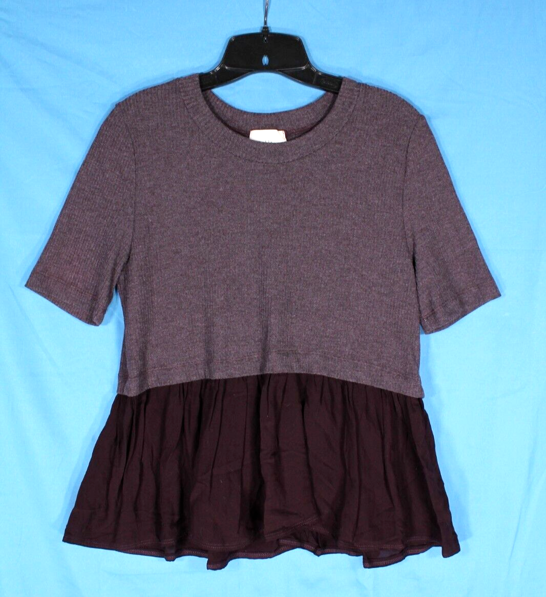 T.LA Anthropologie RIBBED KNIT Wine SATIN TRIM Crew Neck PEPLUM BLOUSE ...