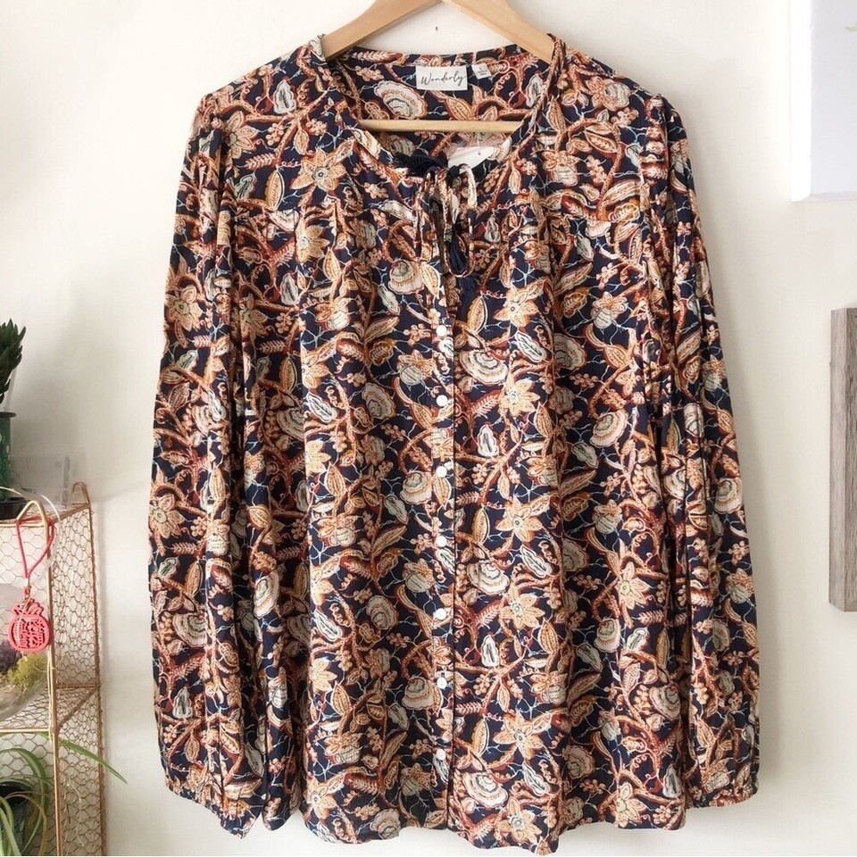 Belk Wonderly Blue Batik Multicolor Autumn Floral Boho Peasant Top Size ...
