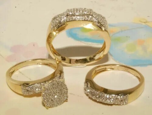 Trio Engagement Ring Set 14k Yellow Gold Finish His & Her Lab Created ...