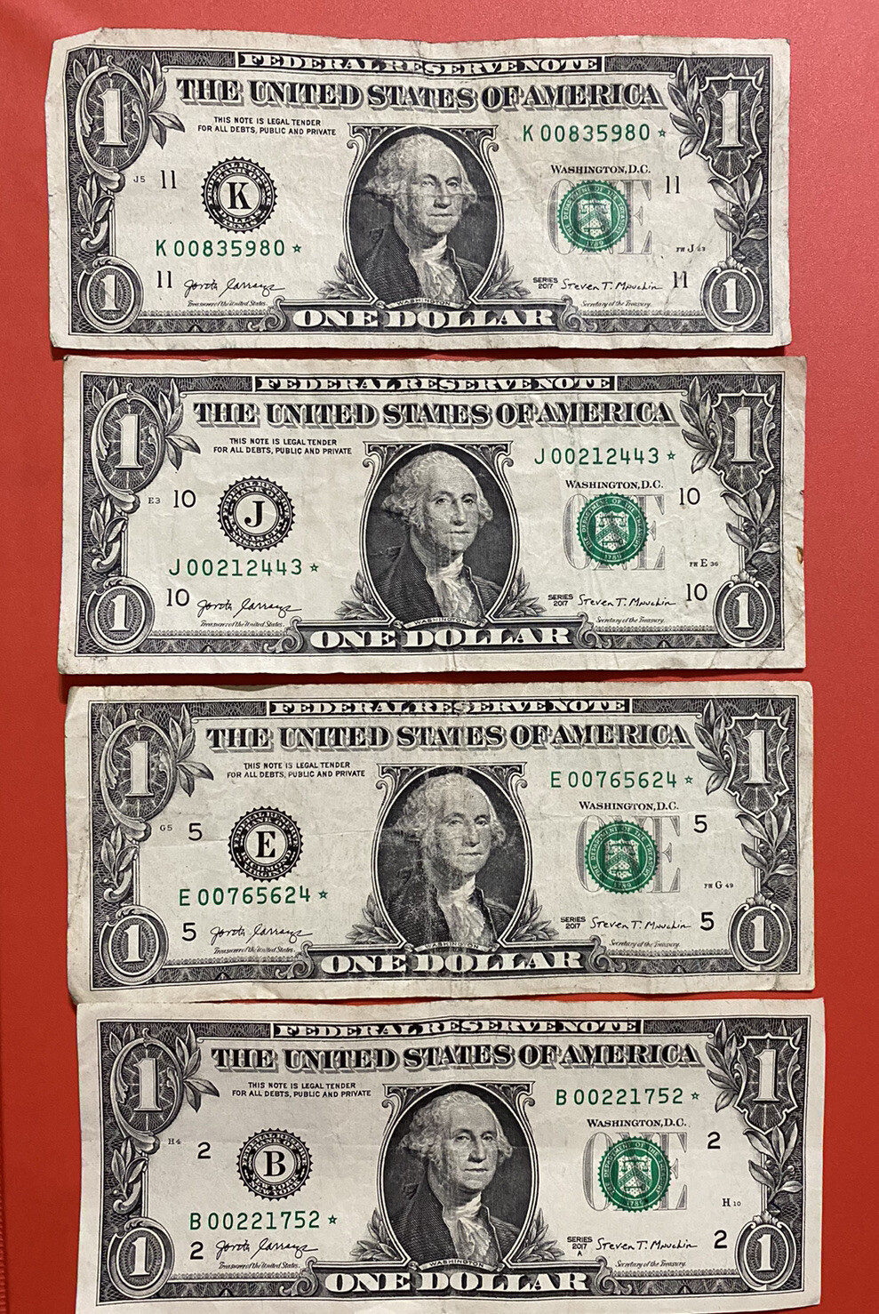 🔥2017 star notes $1bill lot of (4) one dollar bill rare Low serial ...