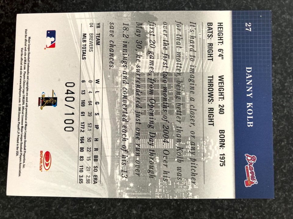 2005 Donruss Studio Private Signings Silver #40/100 Danny Kolb Auto ...