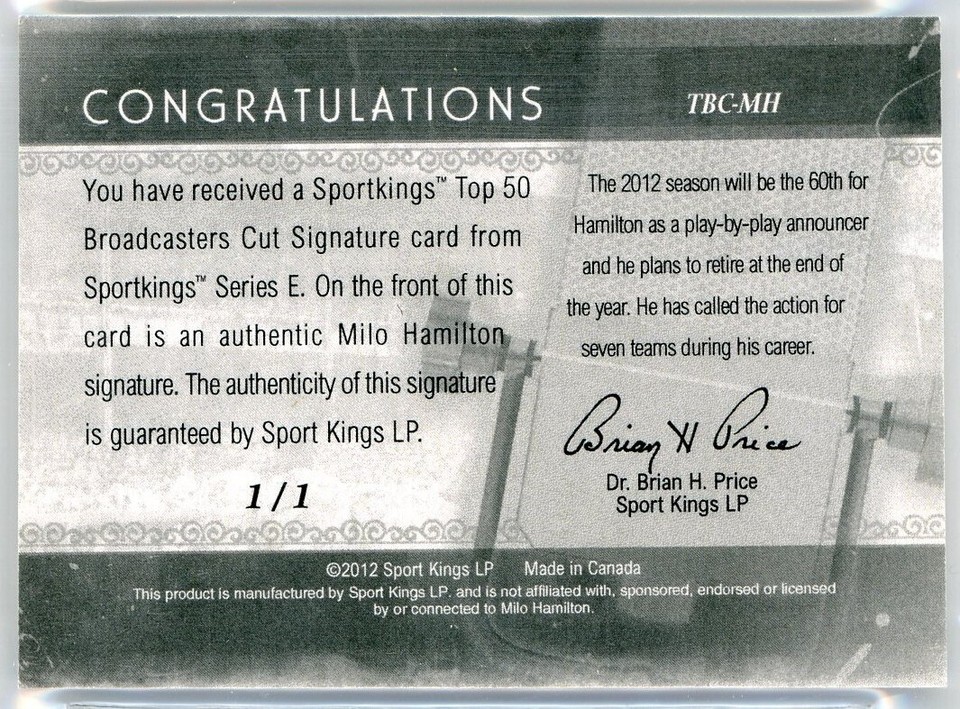 2012 SPORTKING TOP 50 BROADCAST AUTO 1/1 #TBCMH MILO HAMILTON BGS 9.5 ...