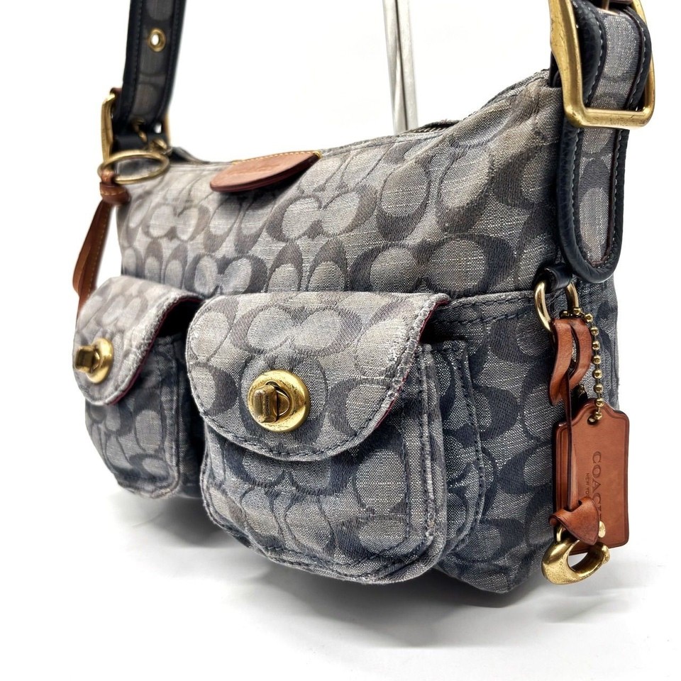 COACH Y2K Denim Canvas Double Turnlock Shoulder Bag Black Brown Unisex ...