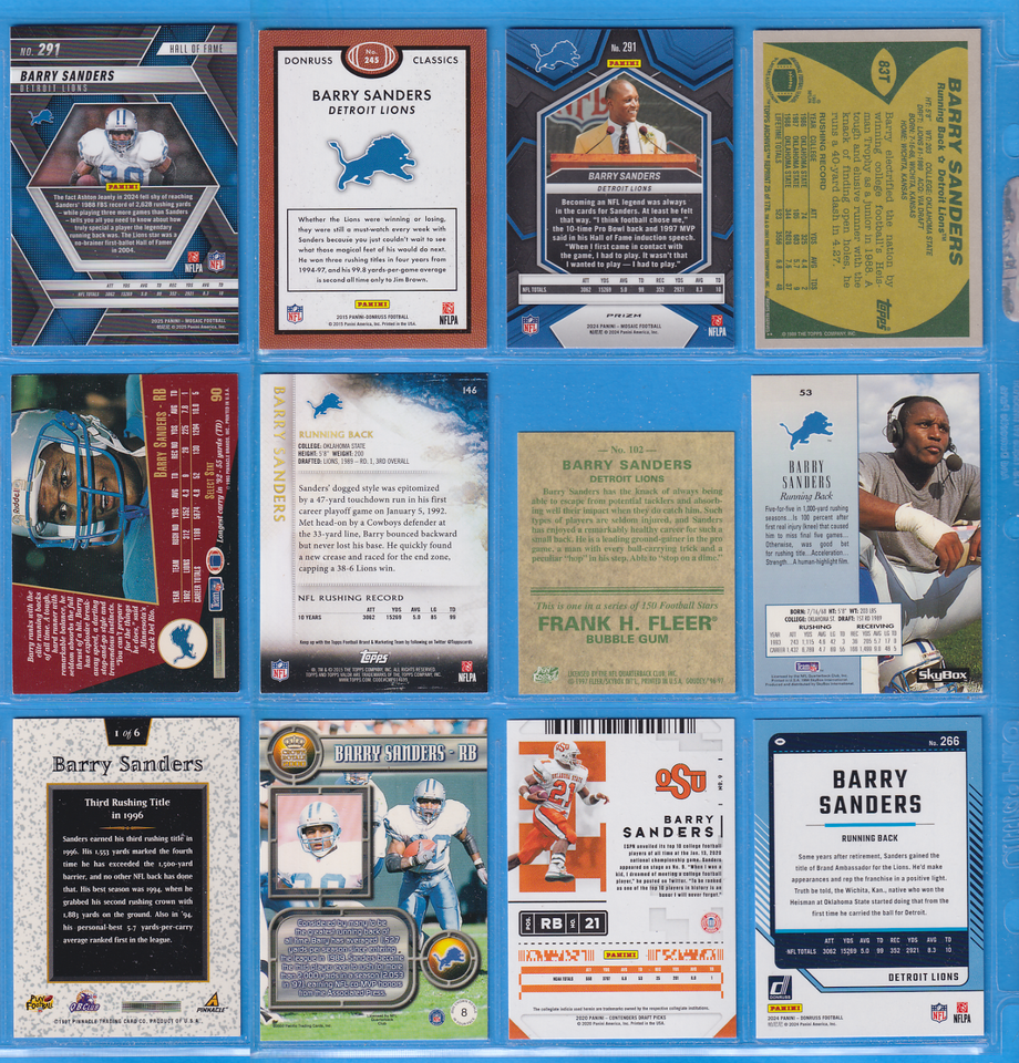 Barry Sanders Lot (12 cards) 2001 Topps Archives #25, Blue Prizm+ ...