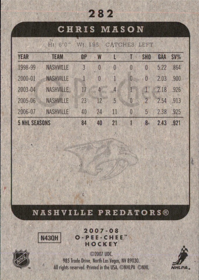 Chris Mason Signed Autographed 07/08 OPC O-Pee-Chee card Nashville ...