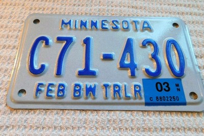 Minnesota BW Trailer Small License Plate Feb 2003 7X4" Excellent ...