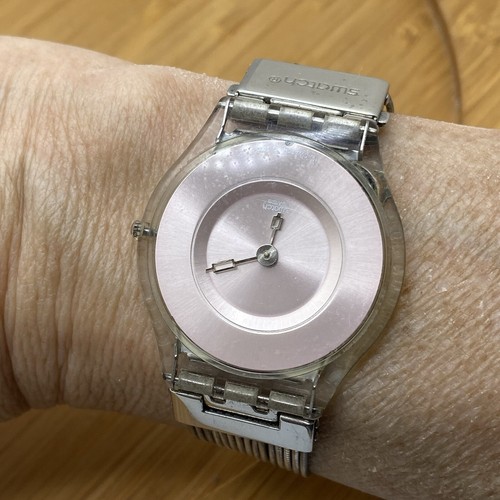 Vintage Swatch Skin Watch 34mm Pink Clear Stainless AG2000 Quartz 7”L ...