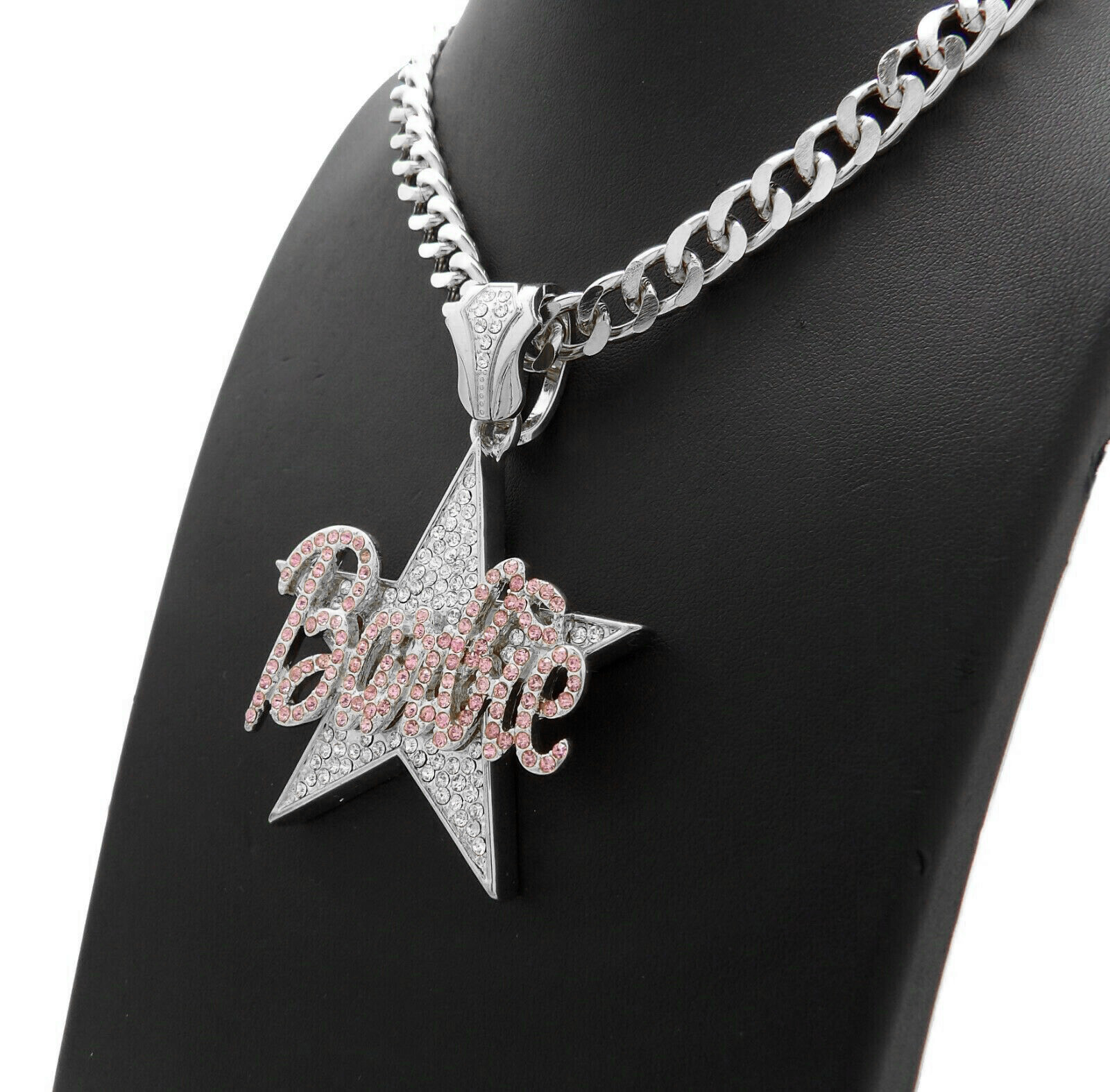 Women Silver Shiny Iced Barbie Star Cubic Zirconia Charm & Cuban Chain ...