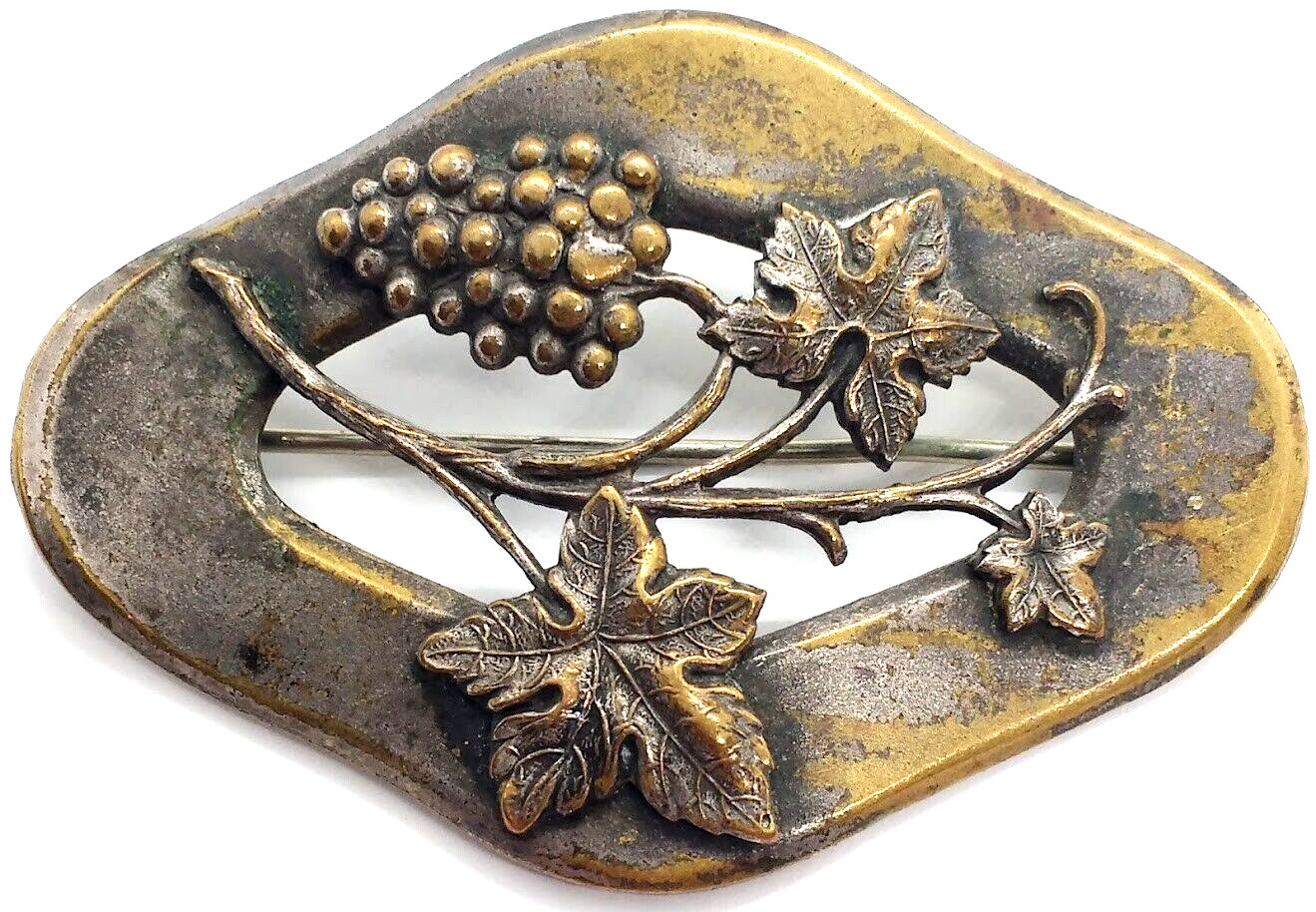 Antique Brass Wine Grape Brooch Pin Plants Fruit Leav… - Gem