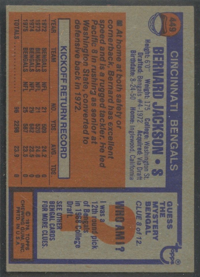 1976 Topps #449 Bernard Jackson Cincinnati Bengals | eBay
