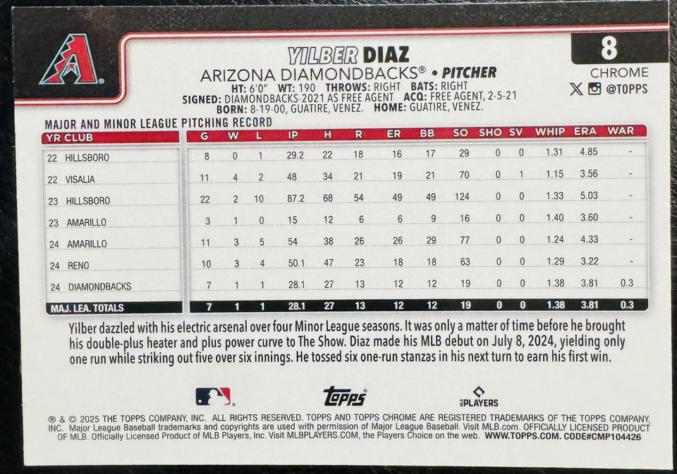 2025 Topps Chrome - Yilber Diaz #8 Sepia Refractor (RC) Diamondbacks | eBay