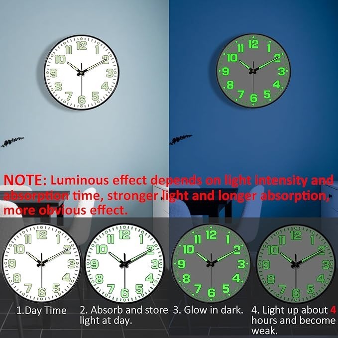 Glow in The Dark Wall Clock, 8" Silent Non-Ticking Wall Clocks Battery ...