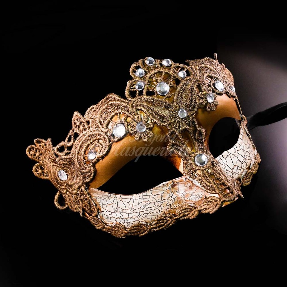 Venetian Goddess Brocade Lace Masquerade Mask with Rhinestones - Gold ...
