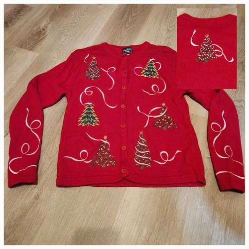 Vintage Southern Lady Christmas Sweater Small Red Trees 3D Beaded ...